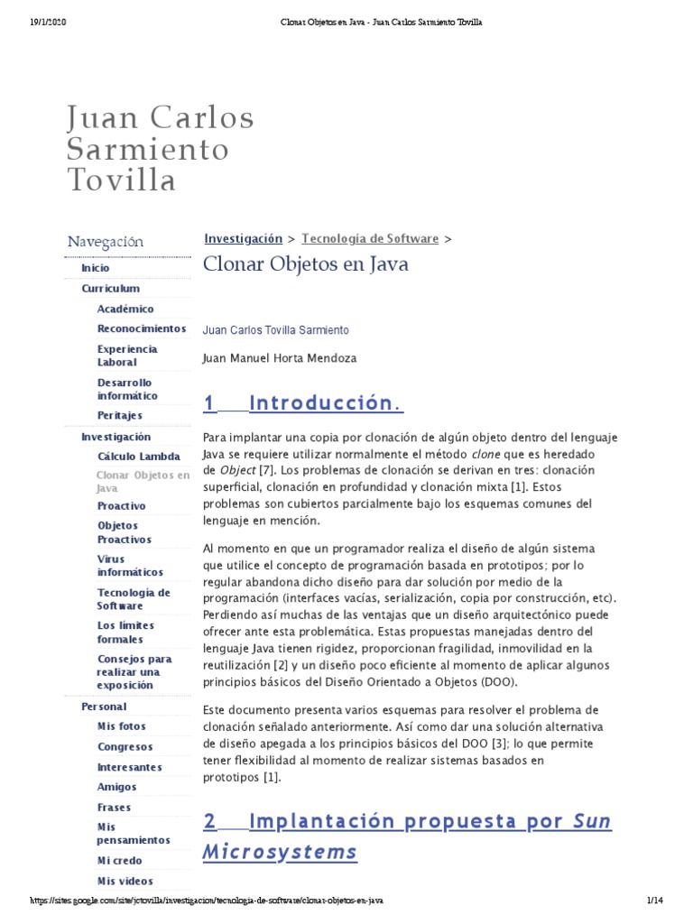 Clonar Objetos en Java - Juan Carlos Sarmiento Tovilla | PDF | Objeto (informática) | Clonación