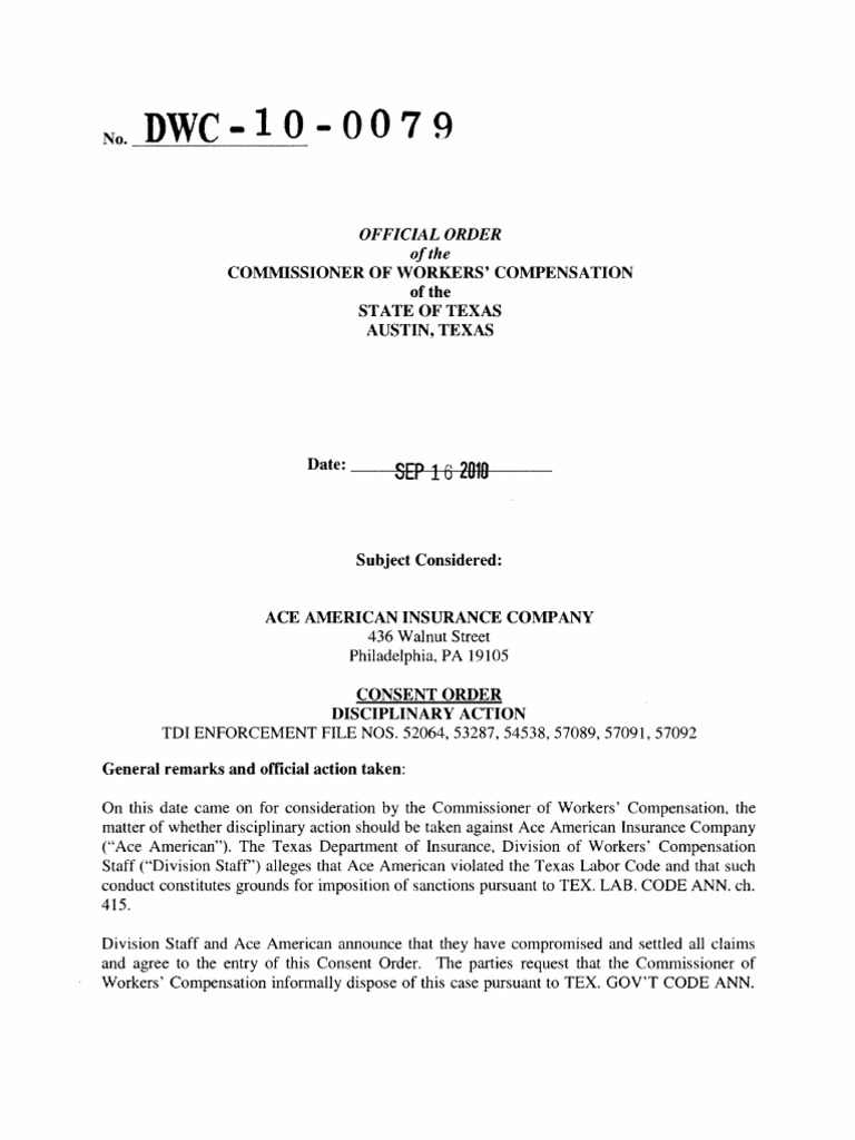ACE American Insurance Company Disciplinary Action 091610 | PDF ...
