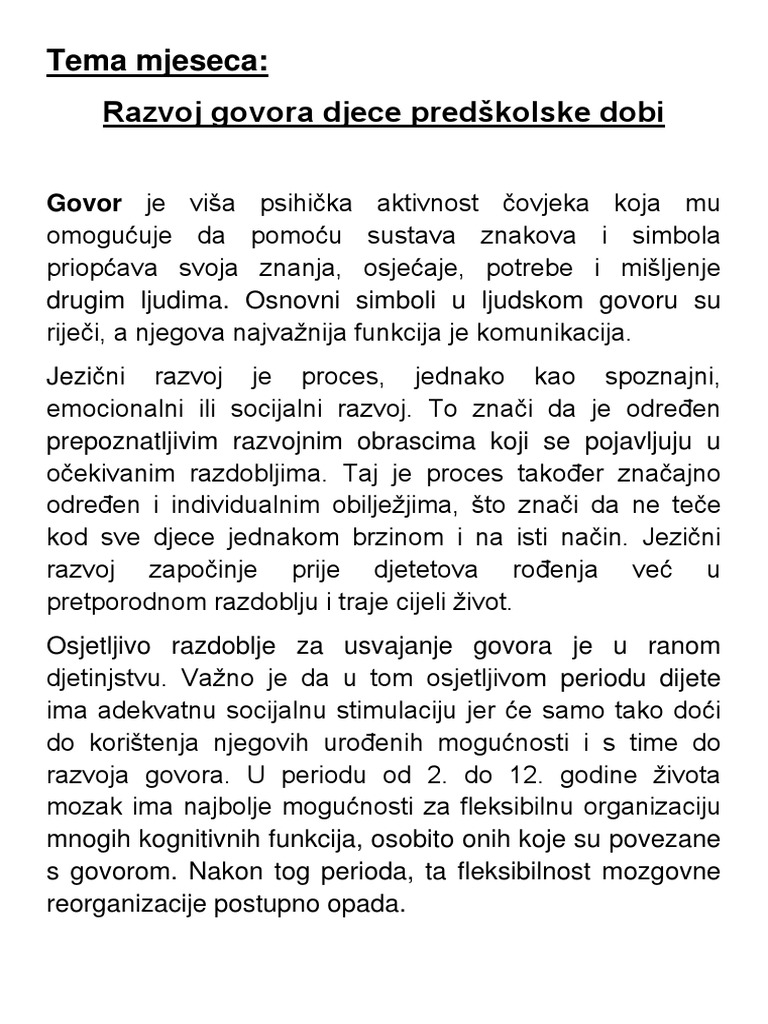 Razvoj - Govora - Djece - Predskolske Dobi | PDF