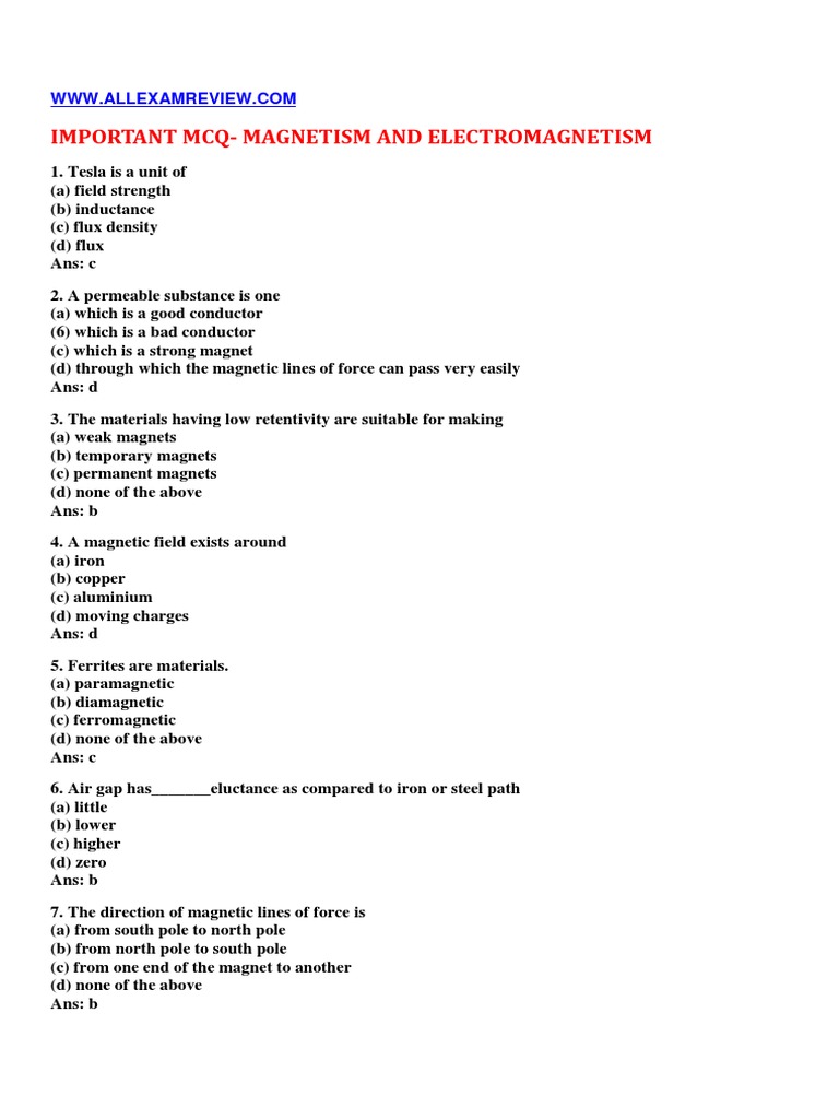 Important MCQ - Magnetism and Electromagnetism | PDF | Magnetic Field ...