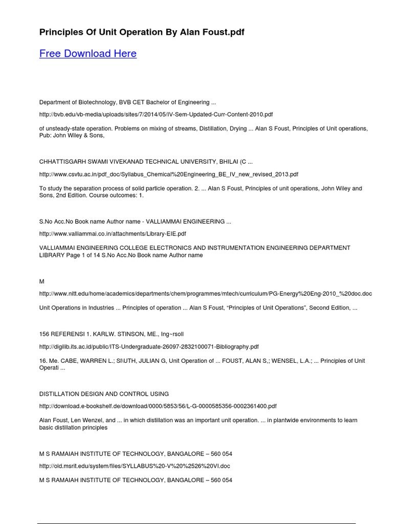 Principles of Unit Operations: An Analysis of Alan Foust's Fundamental ...