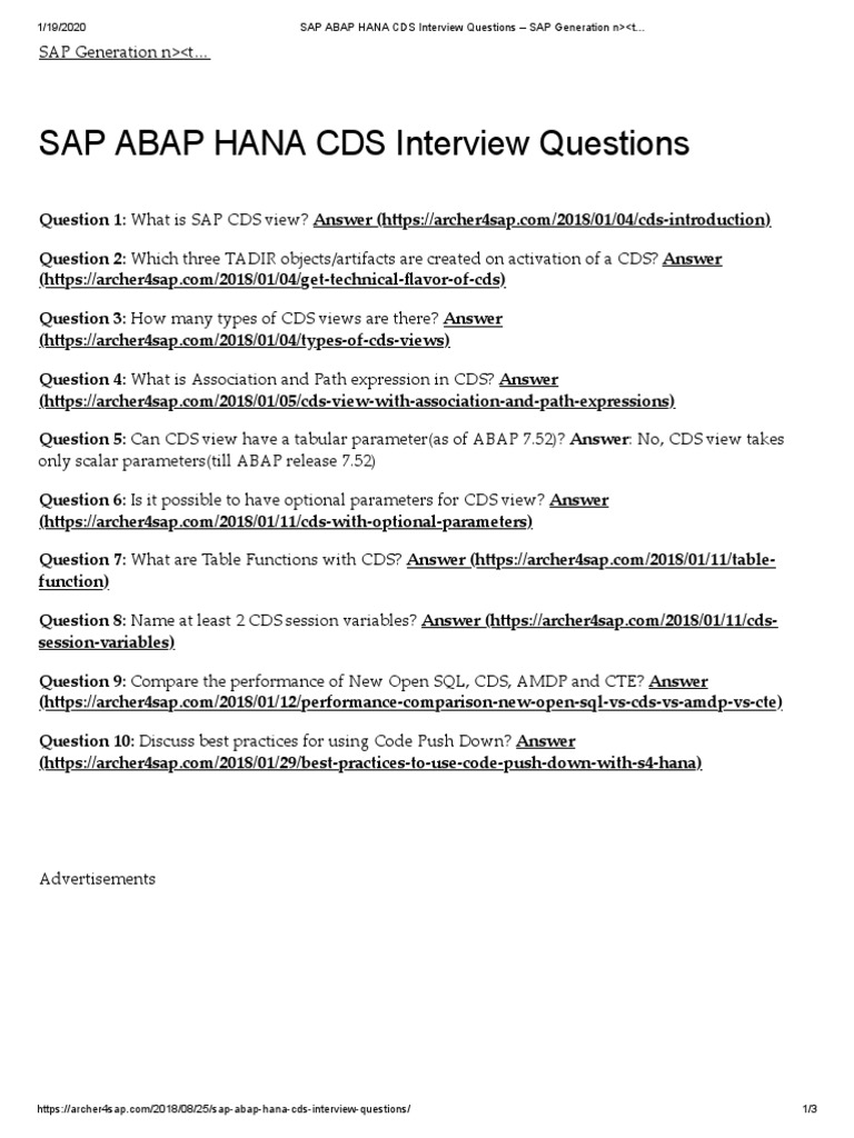 SAP ABAP HANA CDS Interview Questions - SAP Generation N - T | PDF ...