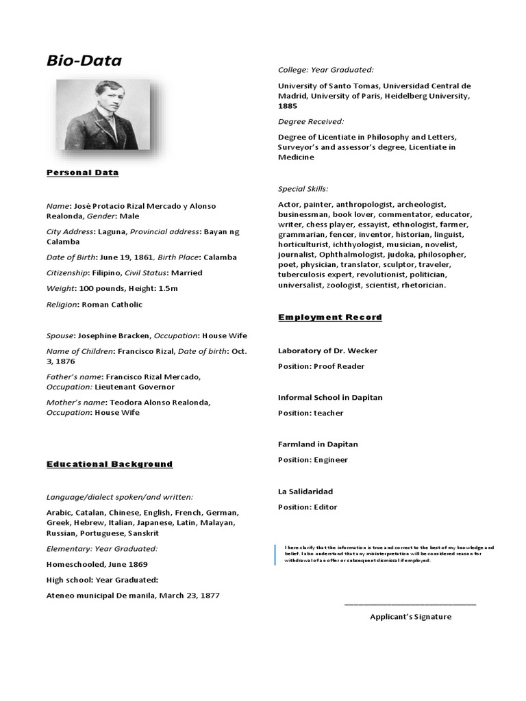 Biodata of Jose Rizal | PDF | Linguistics | Languages