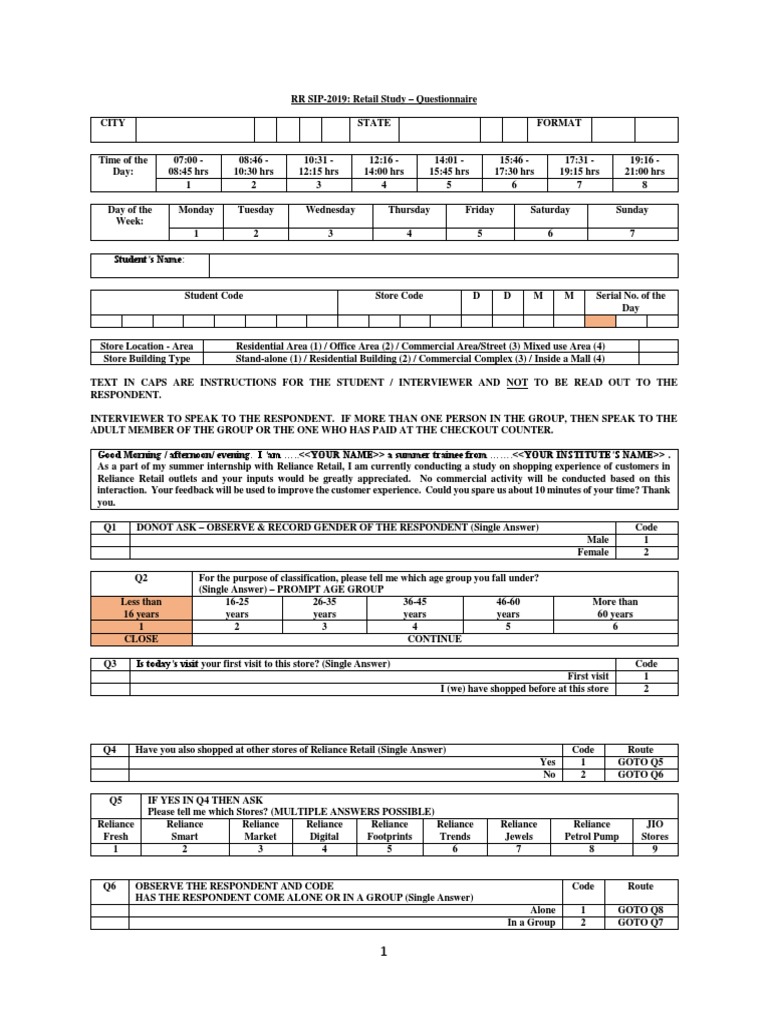 4.Model-Questionnaire Reliance Retail | PDF | Retail | Employment