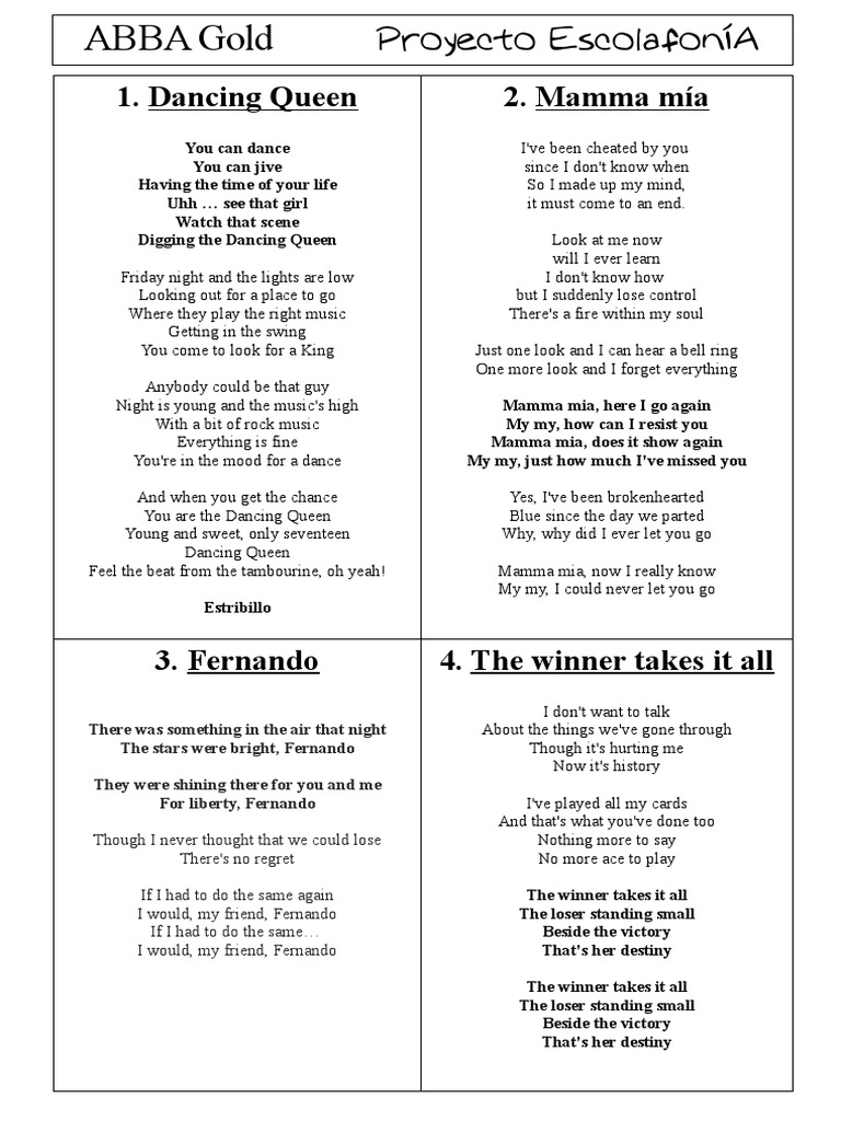 Abba Gold - Letras-1 | PDF | Entertainment (General)