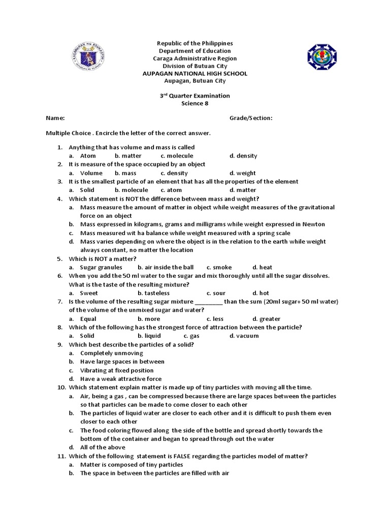3rd Quarter Exam - Science 8 | PDF | Evaporation | Periodic Table