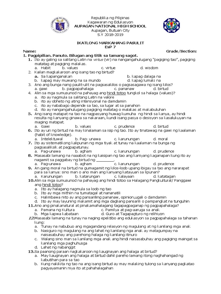 3rd Quarter Exam-ESP | PDF