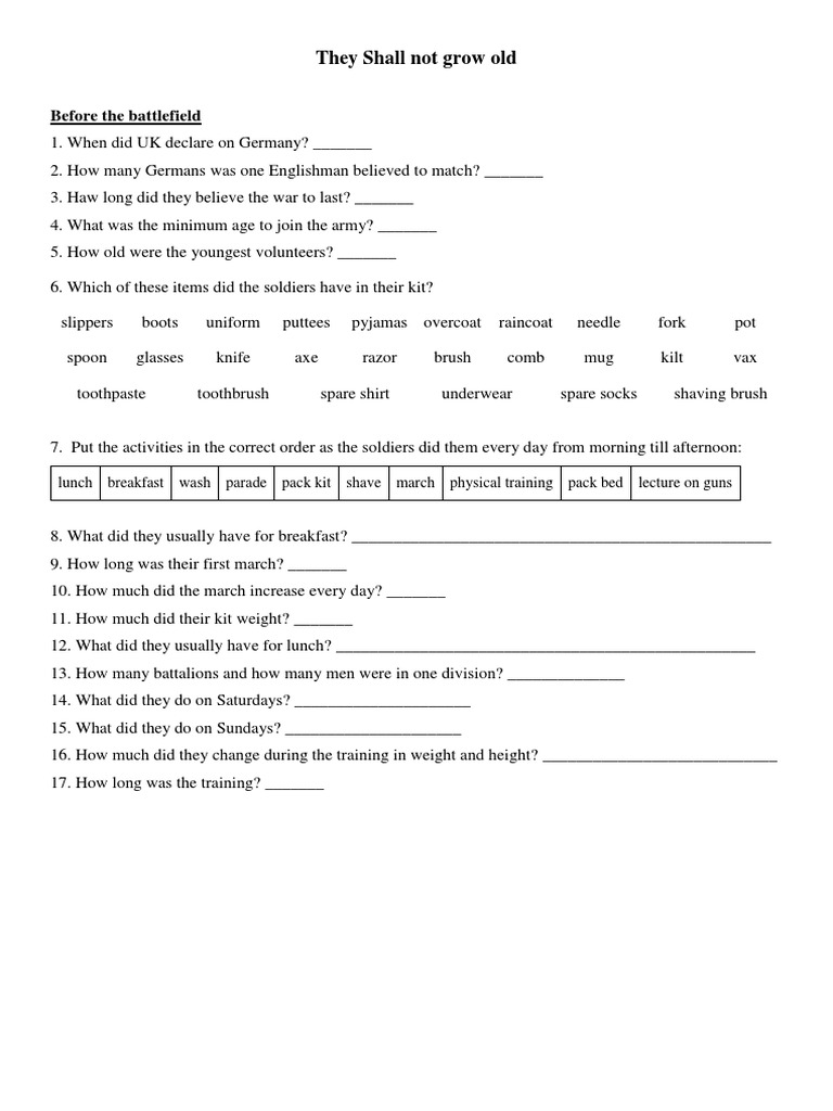 They Shall Not Grow Old - Worksheet | PDF | Trench Warfare | Conflicts