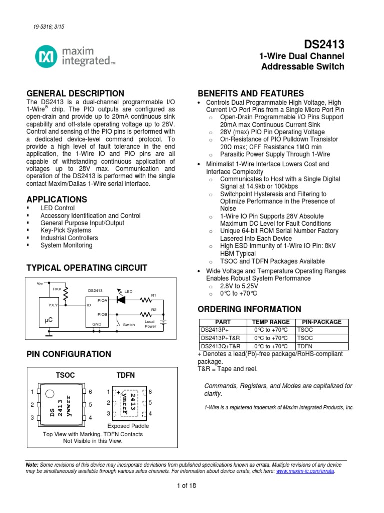 DS2413 Datasheet | Download Free PDF | Computer Engineering ...