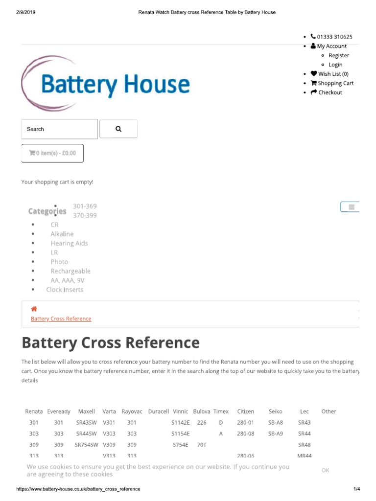 Renata Watch Battery Cross Reference Table by Battery House | PDF