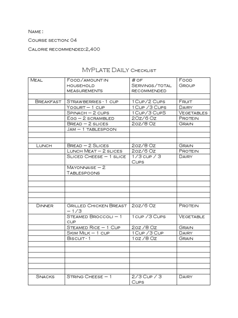 My Plate Checklist Keihle Katherine | PDF | Cooking, Food & Wine
