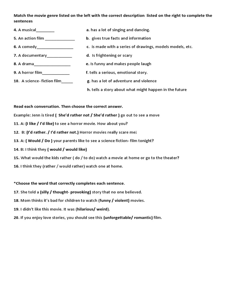 Match Movie Genres with Descriptions | PDF | Horror Fiction
