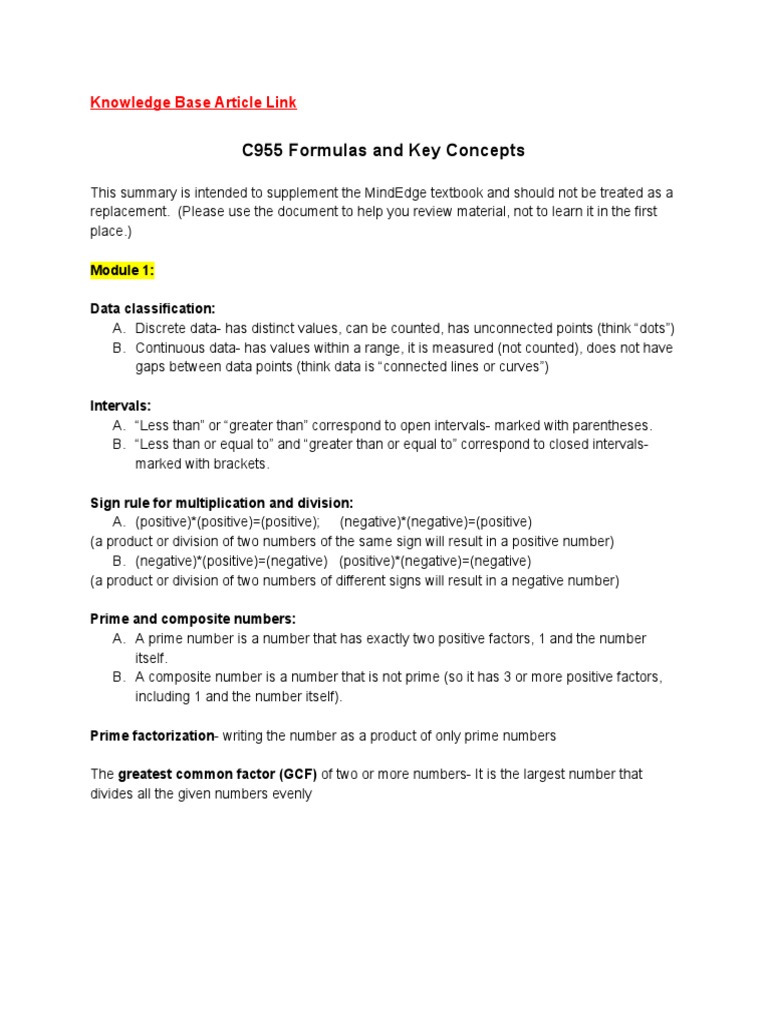 C955 Formulas and Key Concepts | PDF | Mode (Statistics) | Correlation And Dependence