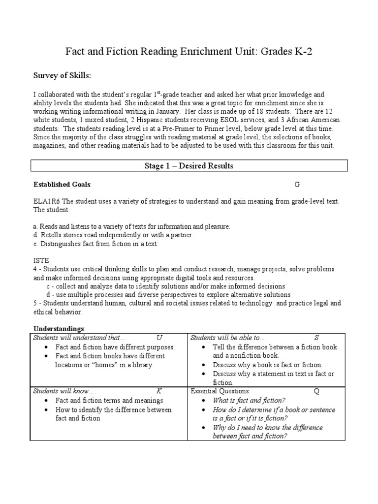 Fact and Fiction Unit | PDF | Books | Reading (Process)