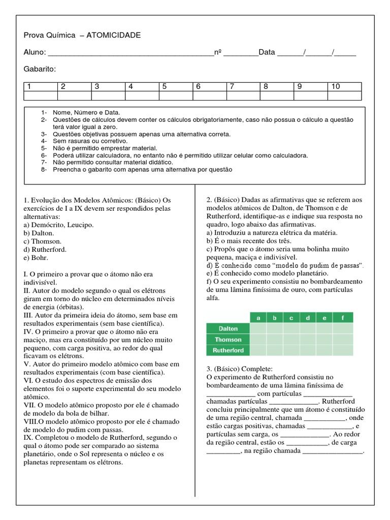 2.9, PROVA - Aula 2 - ATOMICIDADE - Modelos Atômicos | PDF | Átomos ...