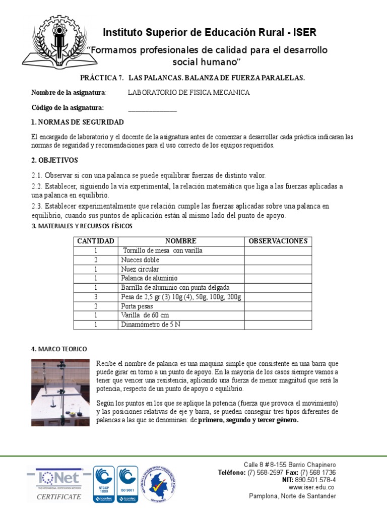Practica 7c Palancas Balanza de Fuerzas Paralelas | PDF | Palanca | Fuerza