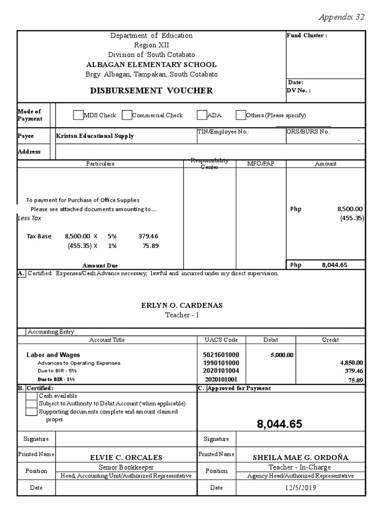 Sample DV PER EXPENSE | PDF | Payments | Cheque