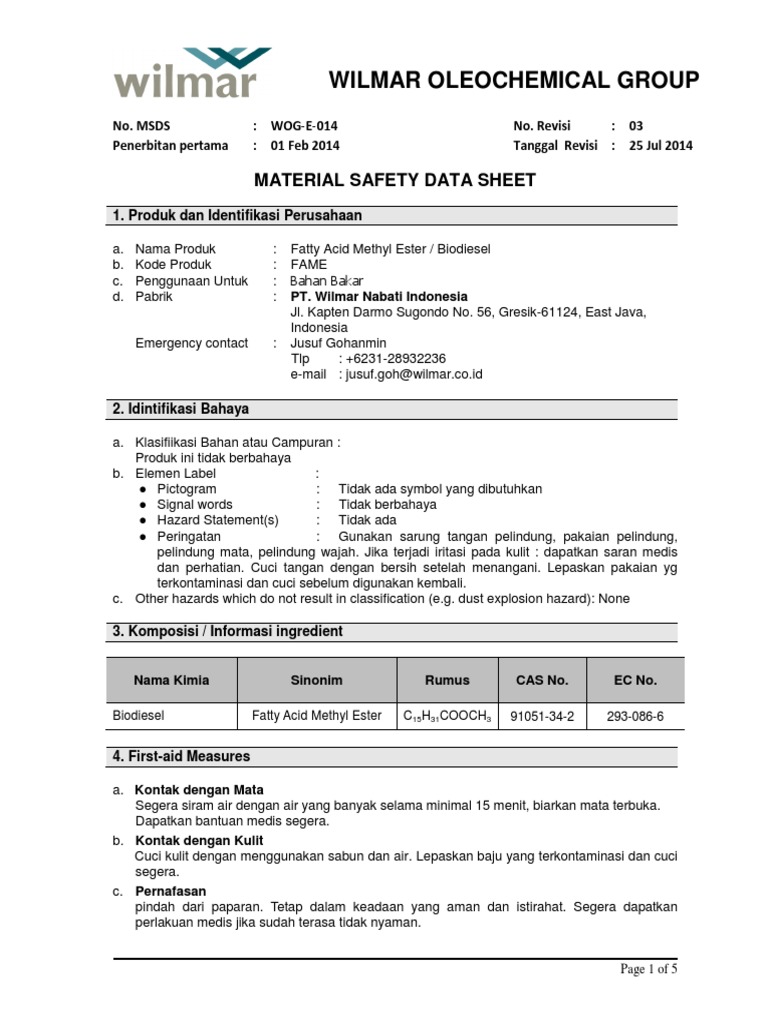 MATERIAL SAFETY DATA SHEET FOR BIODIESEL | PDF