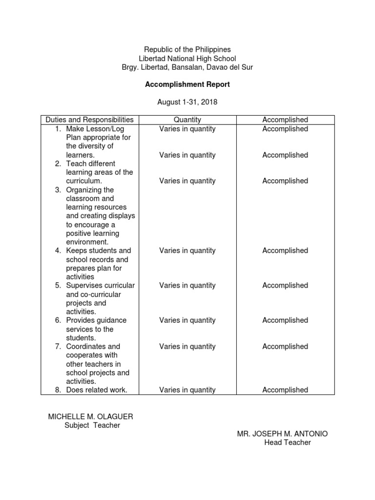 Teacher Accomplishment Report 2018 | PDF | Career & Growth