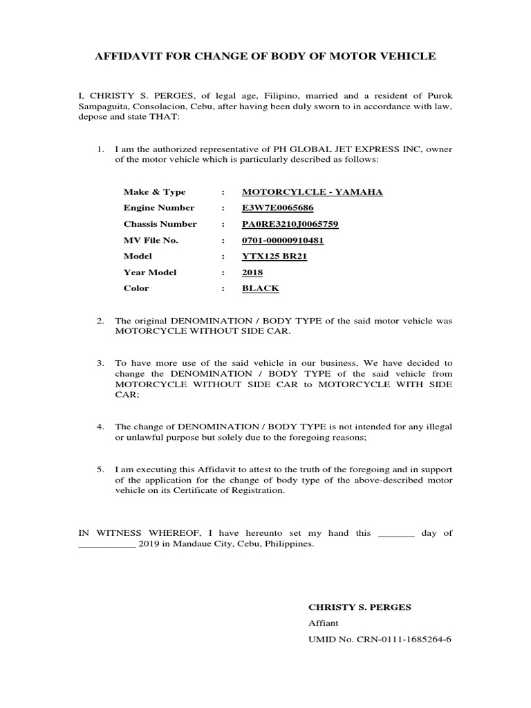 Vehicle Body Change Affidavit | PDF | Affidavit | Vehicles