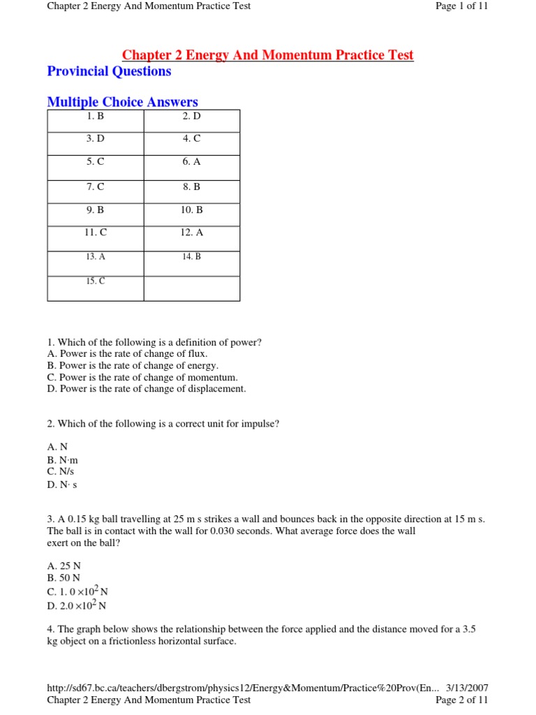 Energy Momentum Practice Test | PDF | Momentum | Collision