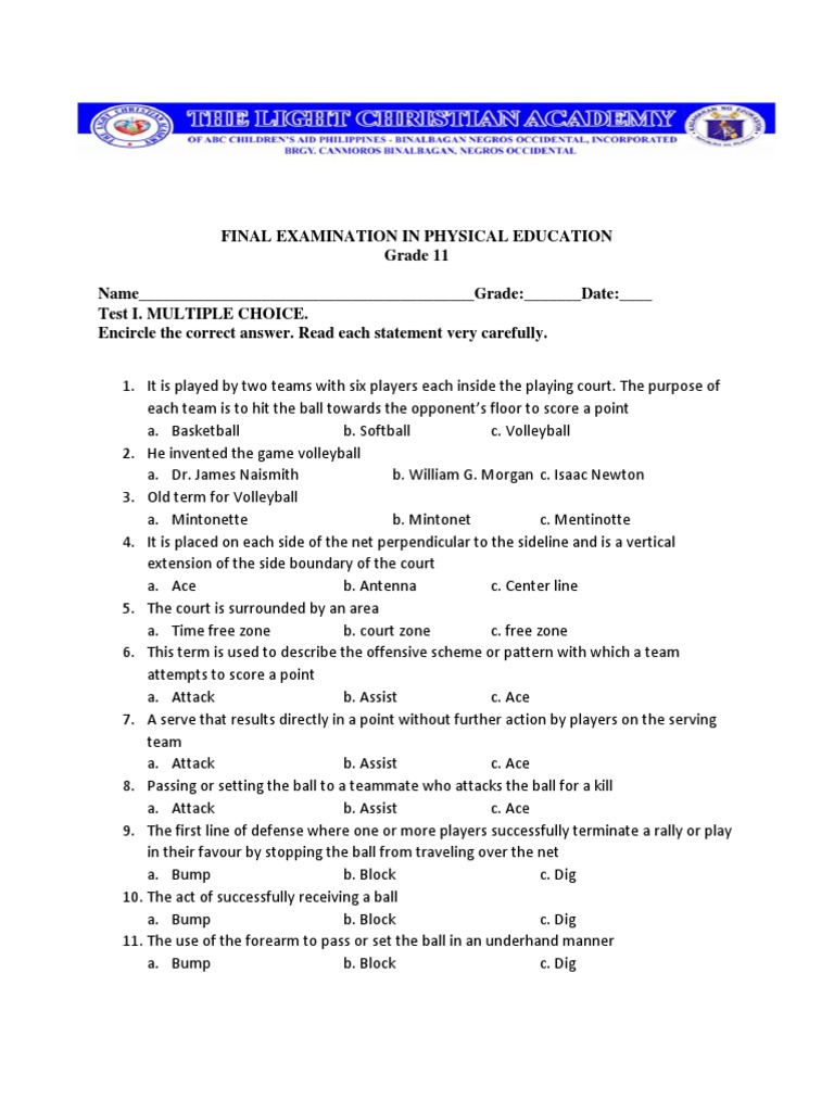 Final Examination Grade 11 | PDF | Volleyball | Competitive Games
