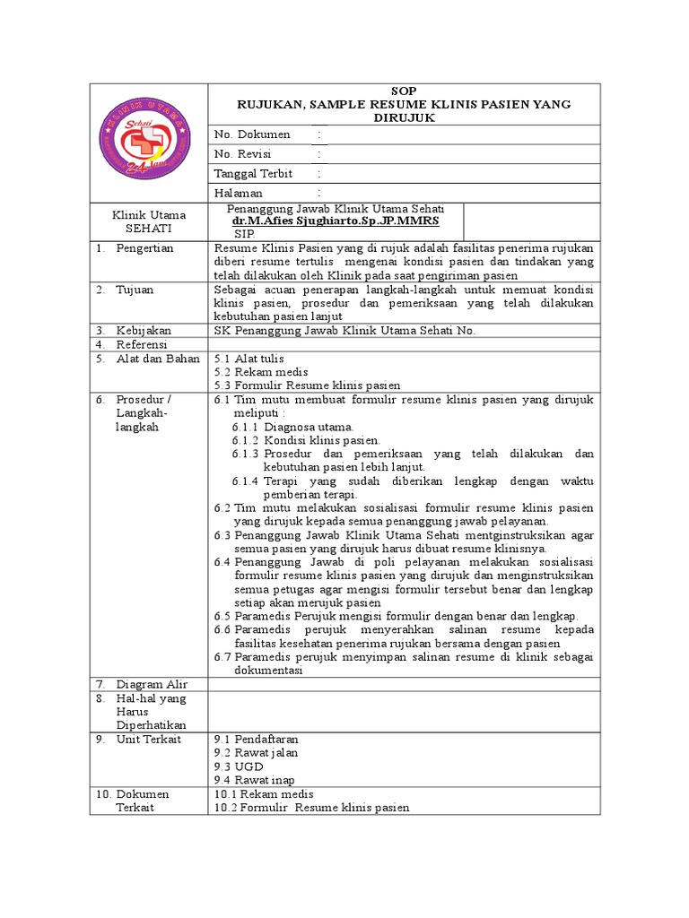 Sop Rujukan, Sampel Resume Klinis Pasien Yang Dirujuk | PDF