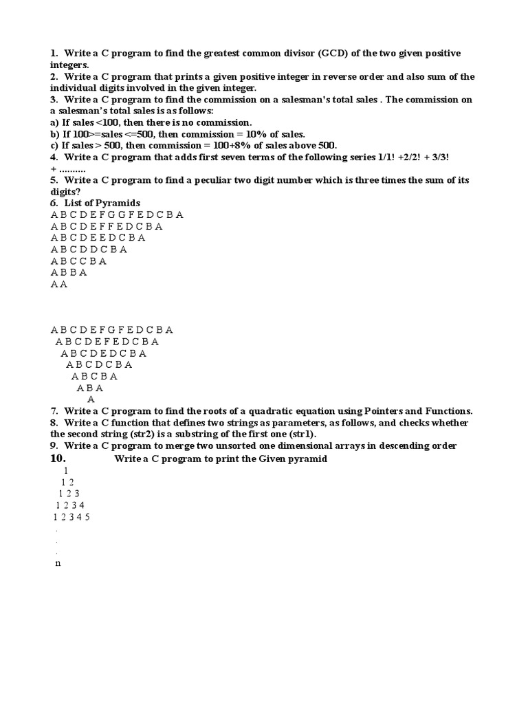 Programms in C - Excercise Questions | PDF | C (Programming Language ...