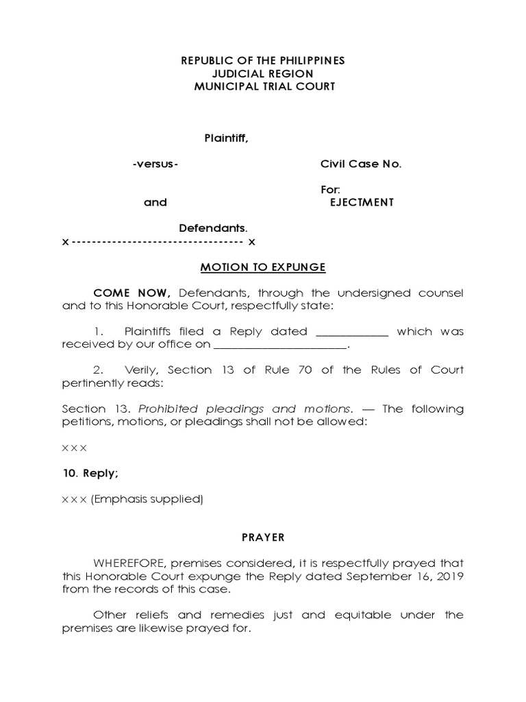 Motion to Expunge in Ejectment Case | PDF