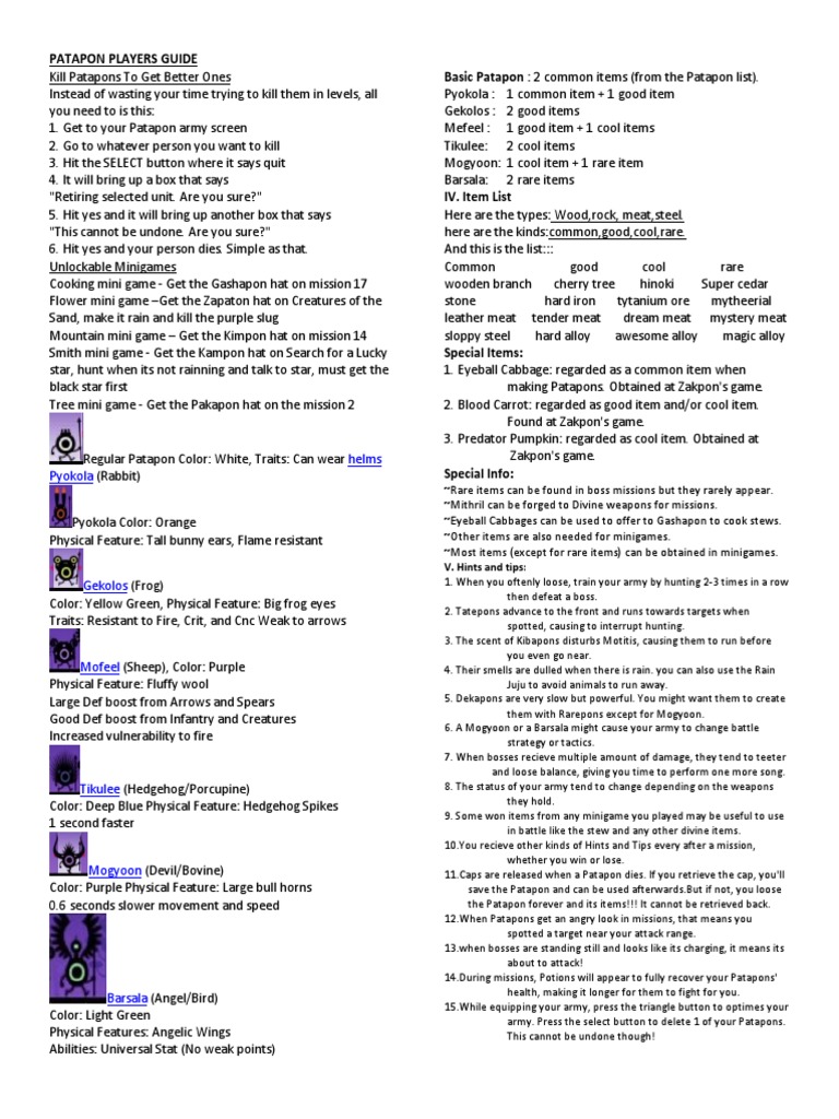 Patapon 1 Rarepon Crafting Guide | PDF | Leisure | Nature