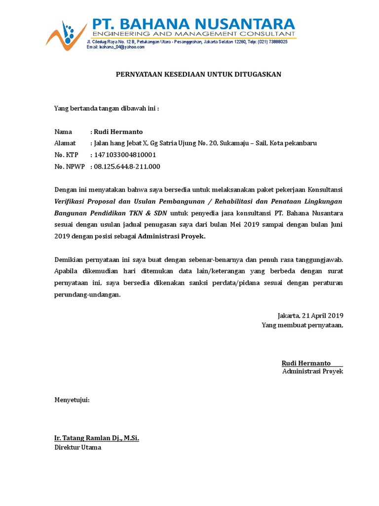 Pernyataan Kesediaan Rudi Hermanto | PDF