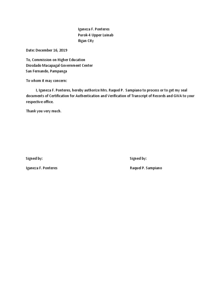 Authorization Letter To Ched | PDF