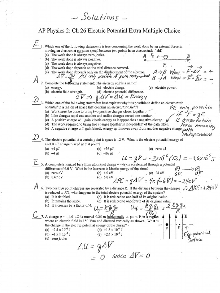 Ch26 Electric Potential Extra MC - Solutions | PDF