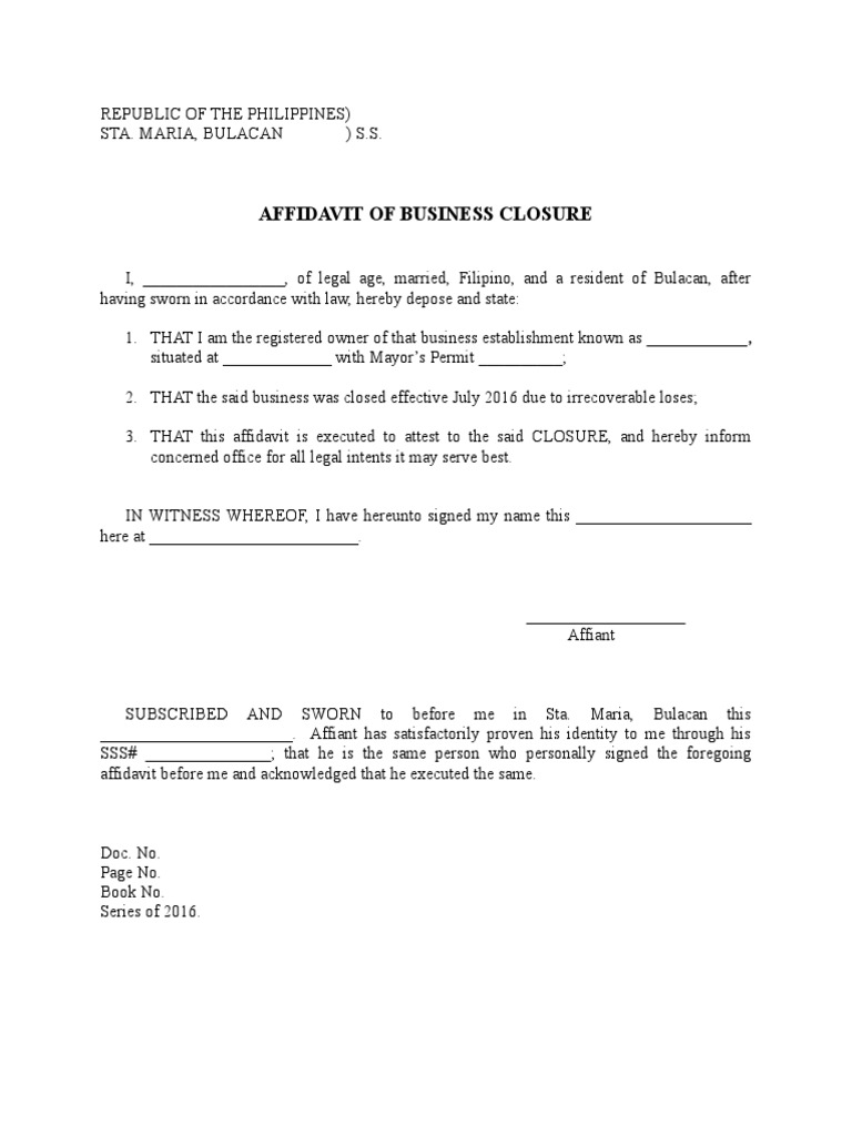 Affidavit of Business Closure Sample | PDF