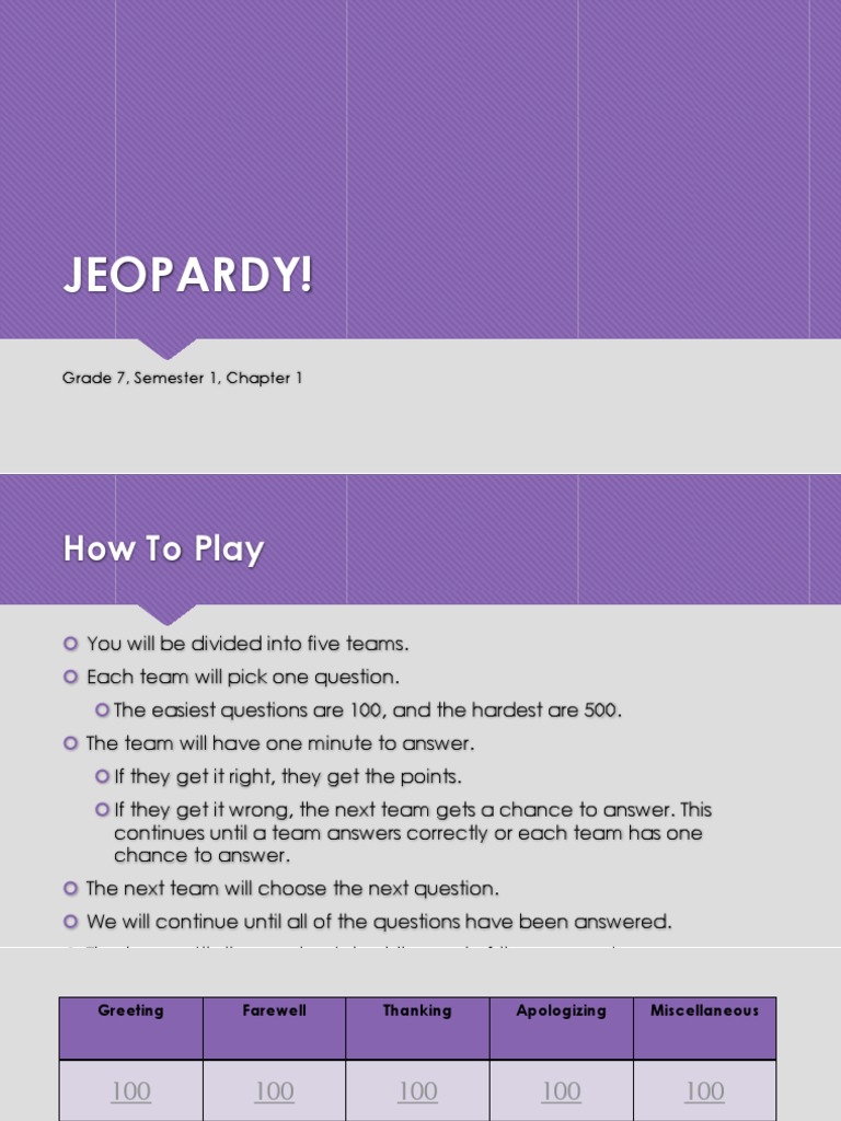 Jeopardy - (Greetings, Farewells, Thanking, Apologizing) | PDF ...