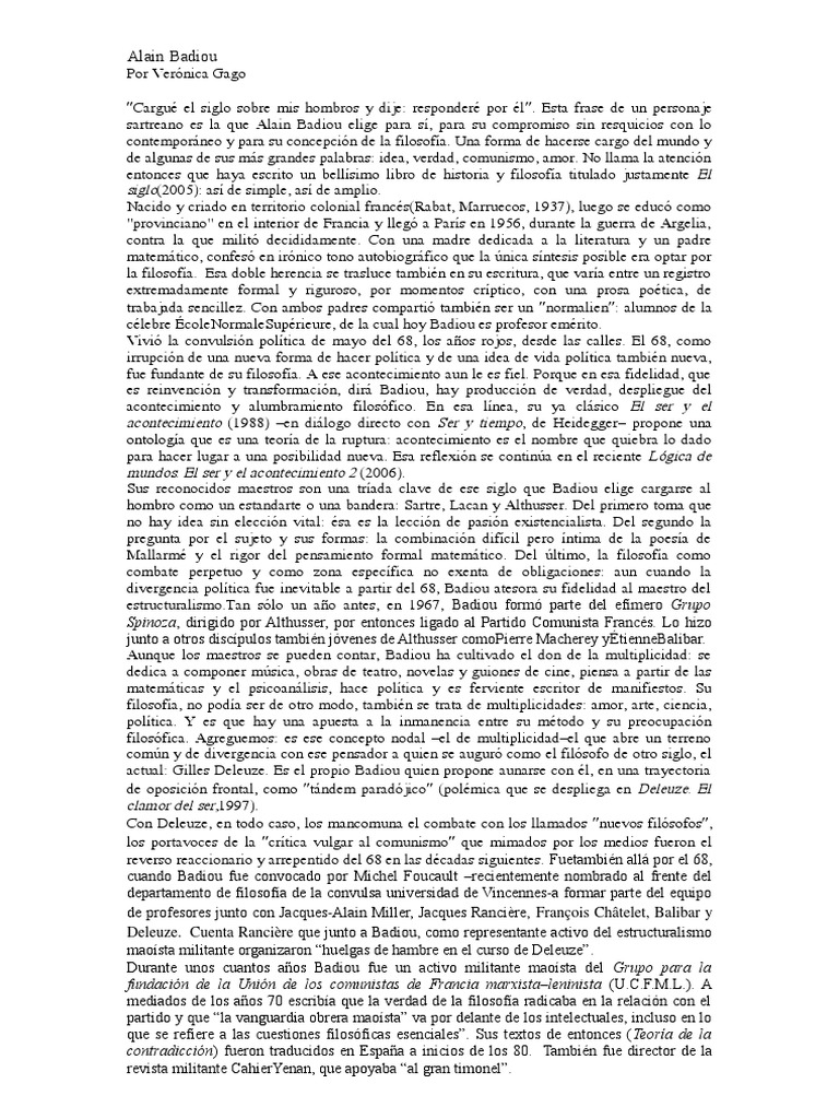 Alain Badiou Por Veronica Gago | PDF | Louis Althusser | Gilles Deleuze