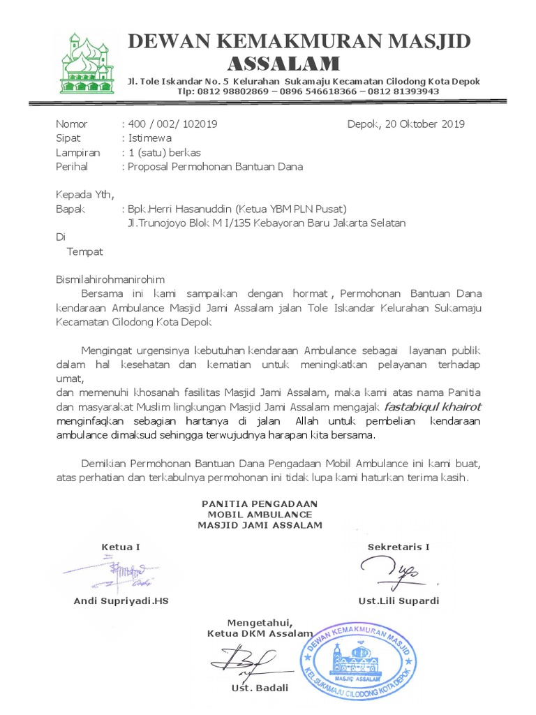Surat Pengantar Proposal Pengadaan Mobil Ambulance Masjid Assalam (Ybm PLN Pusat | PDF