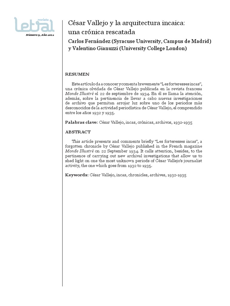 Dialnet CesarVallejoYLaArquitecturaIncaica 5370499 PDF | PDF | Perú ...