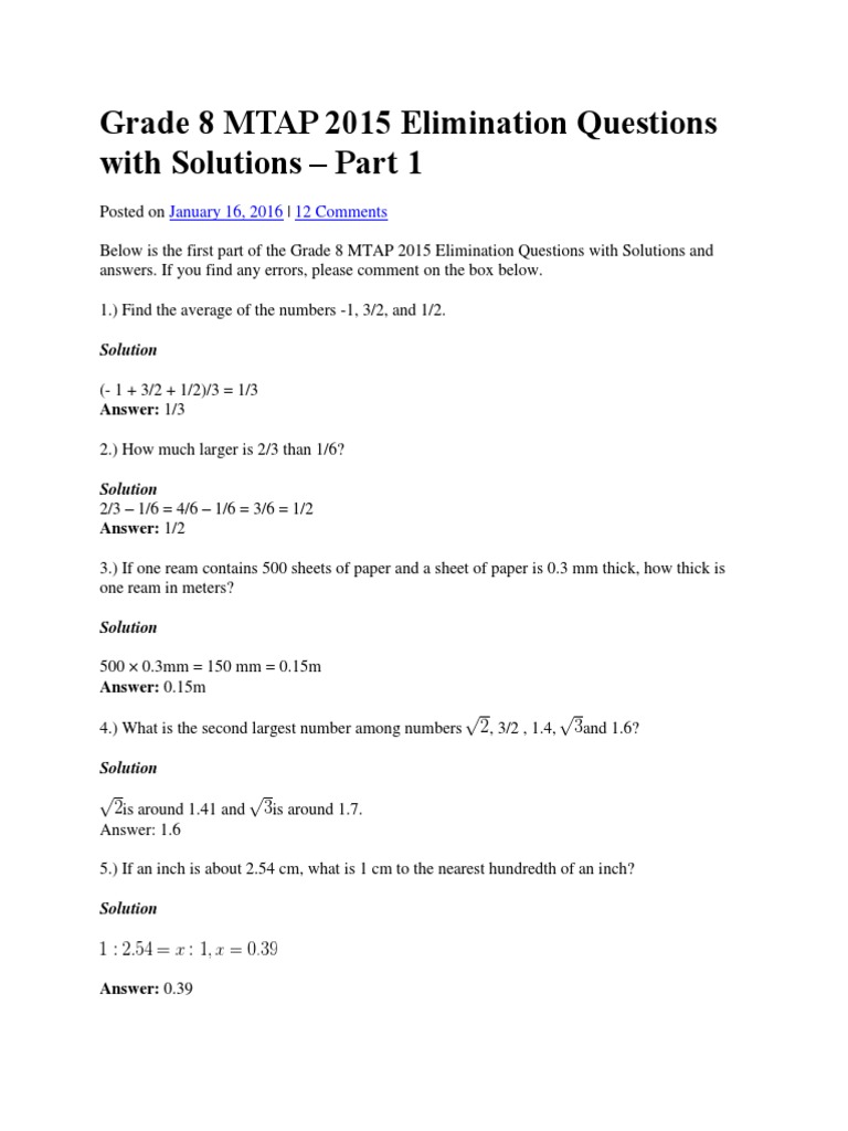 2015 Grade 8 MTAP Elimination Questions With Solutions | PDF | Set ...