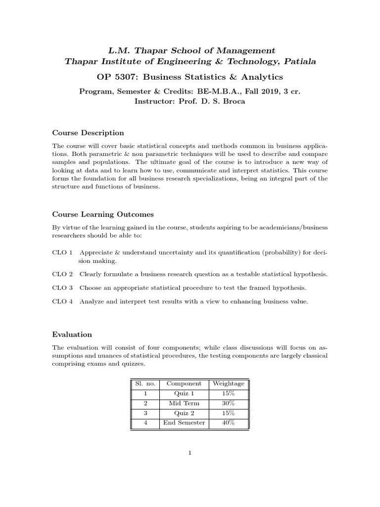 BSA BE MBA Course Outline 4 | PDF | Student's T Test | Statistics