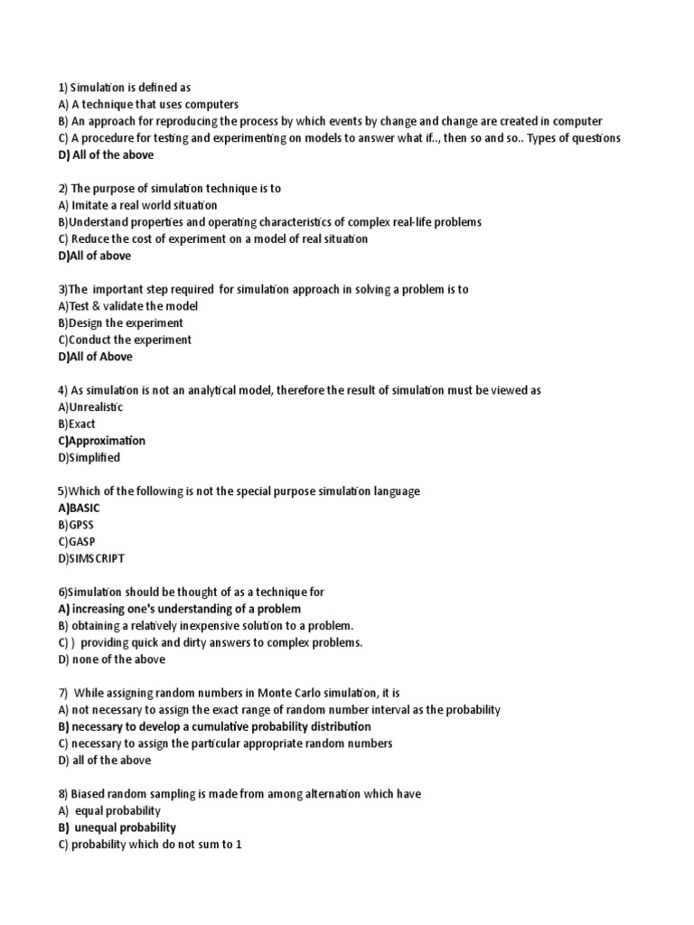 Simulation MCQ | PDF | Monte Carlo Method | Simulation