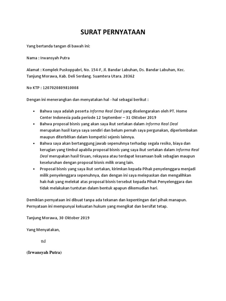 Surat Pernyataan Informa Real Deal | PDF | Bisnis