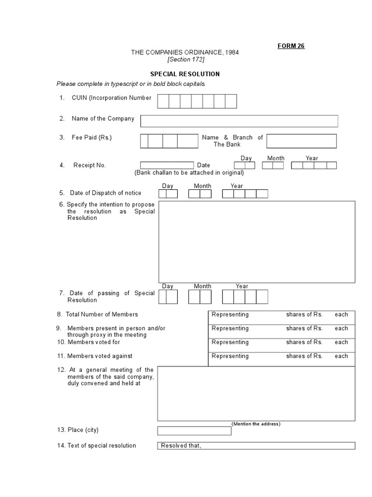 Special Resolution Form 26 Instructions | PDF