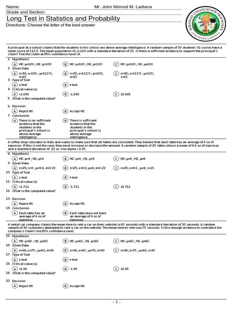 fourth quarter statistics and probability | Student's T Test ...
