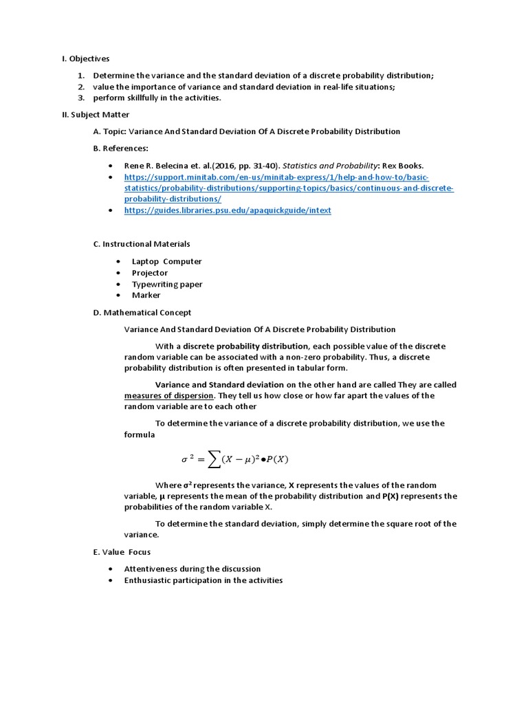 Lesson Plan Statistics and Probability COT 3 | PDF | Variance ...