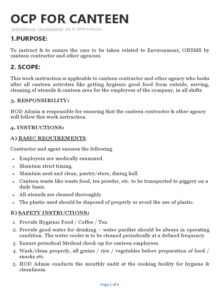 Ocp For Canteen | PDF | Hygiene | Drinking Water