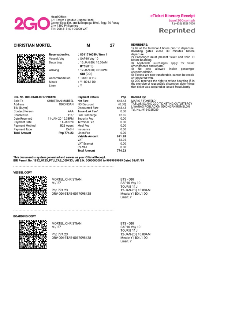 2GO Travel - Itinerary Receipt | PDF | Identity Document | Ticket ...