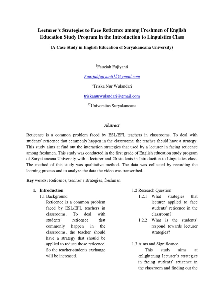 Lecturer's Strategies To Face Students' Reticence in The English Class ...