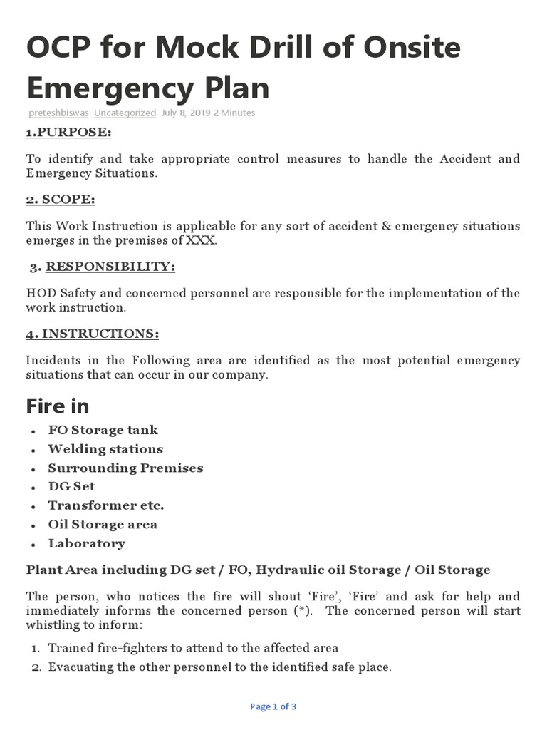 OCP For Mock Drill of Onsite Emergency Plan | PDF | Emergency ...