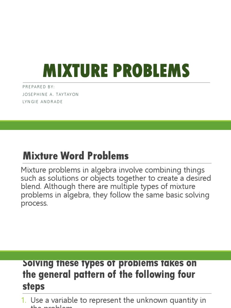 Mixture Problems | PDF | Equations | Algebra Mixture Problems | PDF | Equations | Algebra